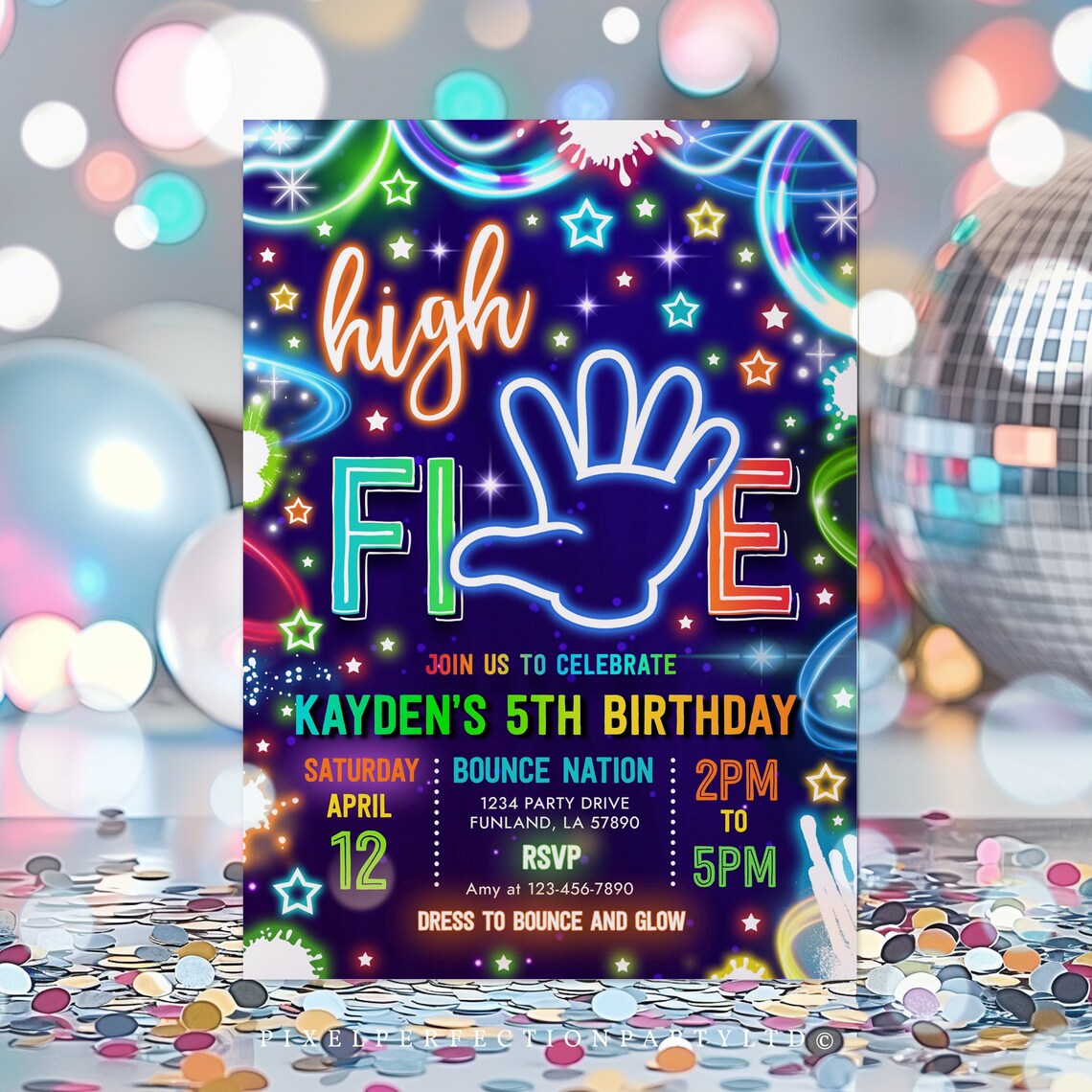 Editable High Five Birthday Party Invitation Neon Glow High Five Hi ...