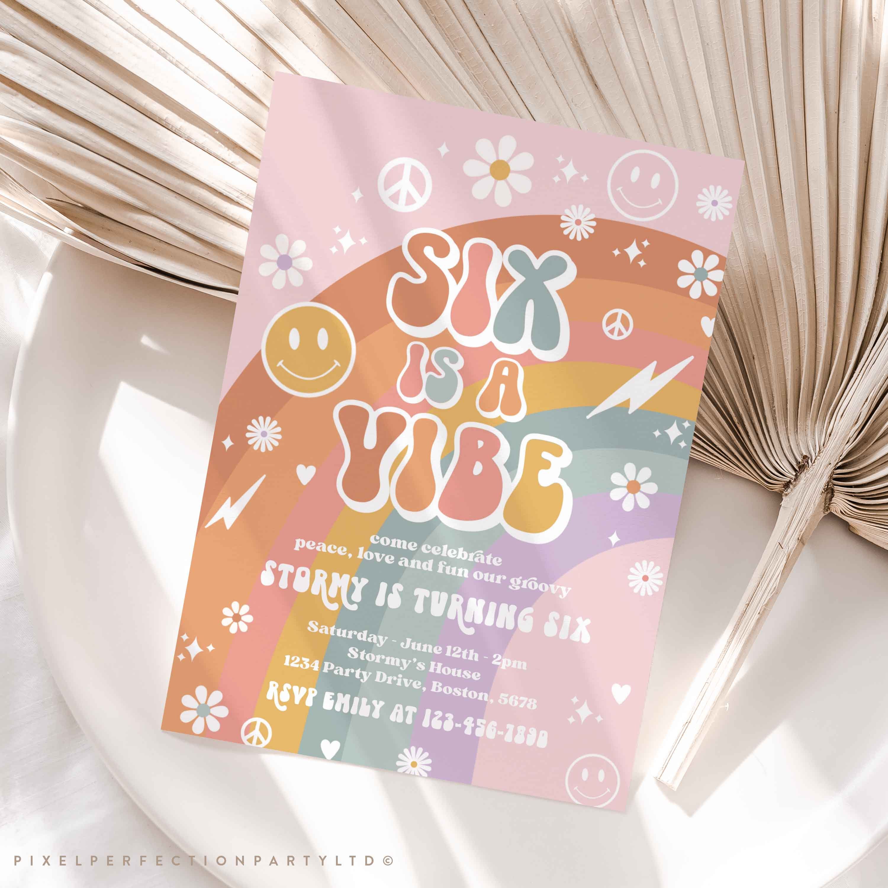 Editable Six is A Vibe Groovy Birthday Party Invitation Peace - Etsy