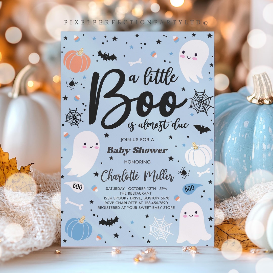 Editable Little Boo Baby Shower Invitation Boy Blue Ghost Baby Shower ...