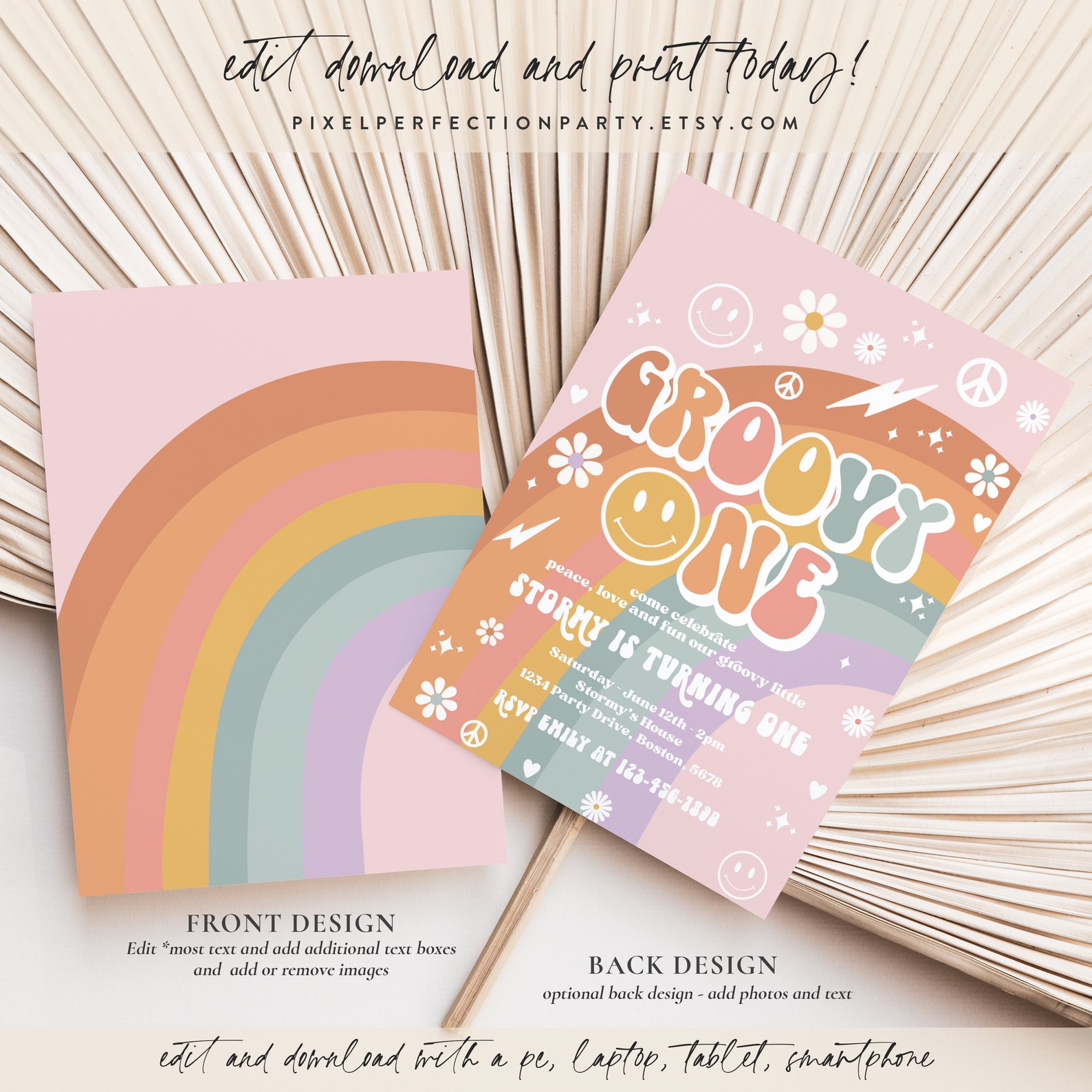 Editable Groovy One Birthday Party Invitation Peace Love Party - Etsy