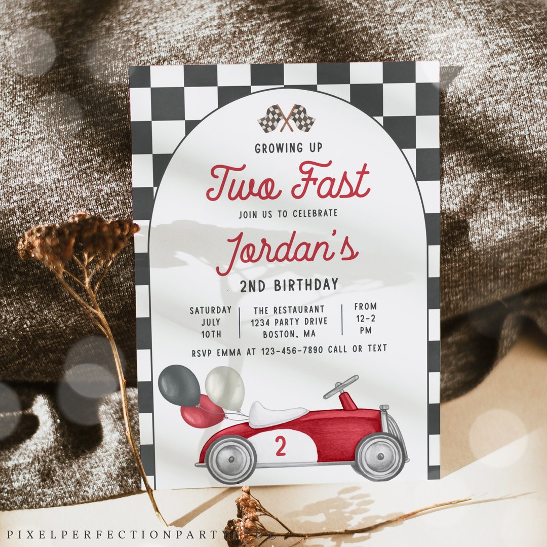 Editable Growing up Two Fast Birthday Invitation Vintage Race Car Two ...