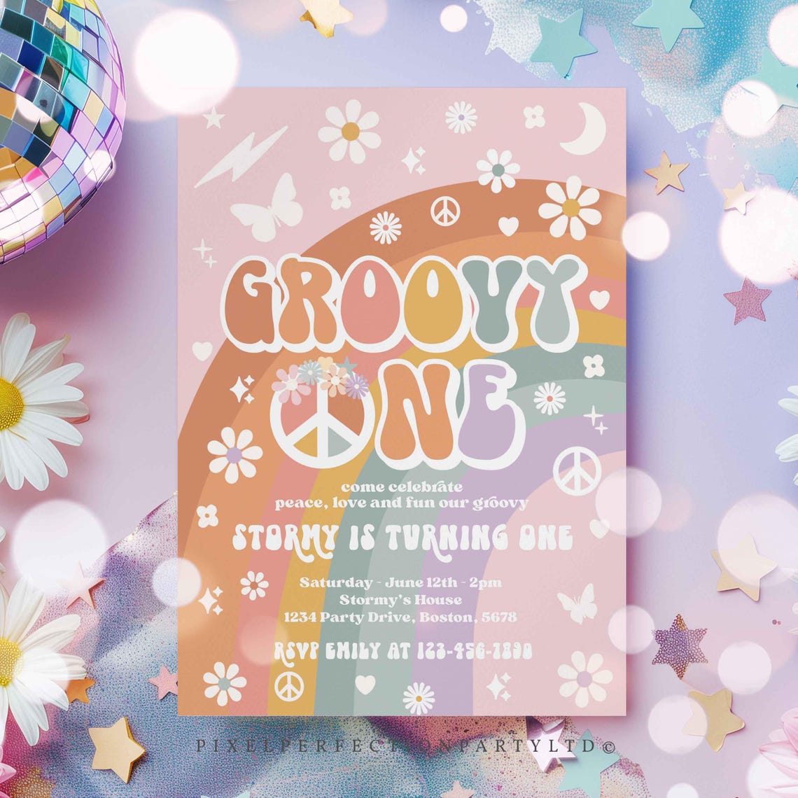 Editable Groovy One Birthday Party Invitation Peace Love Party Groovy ...