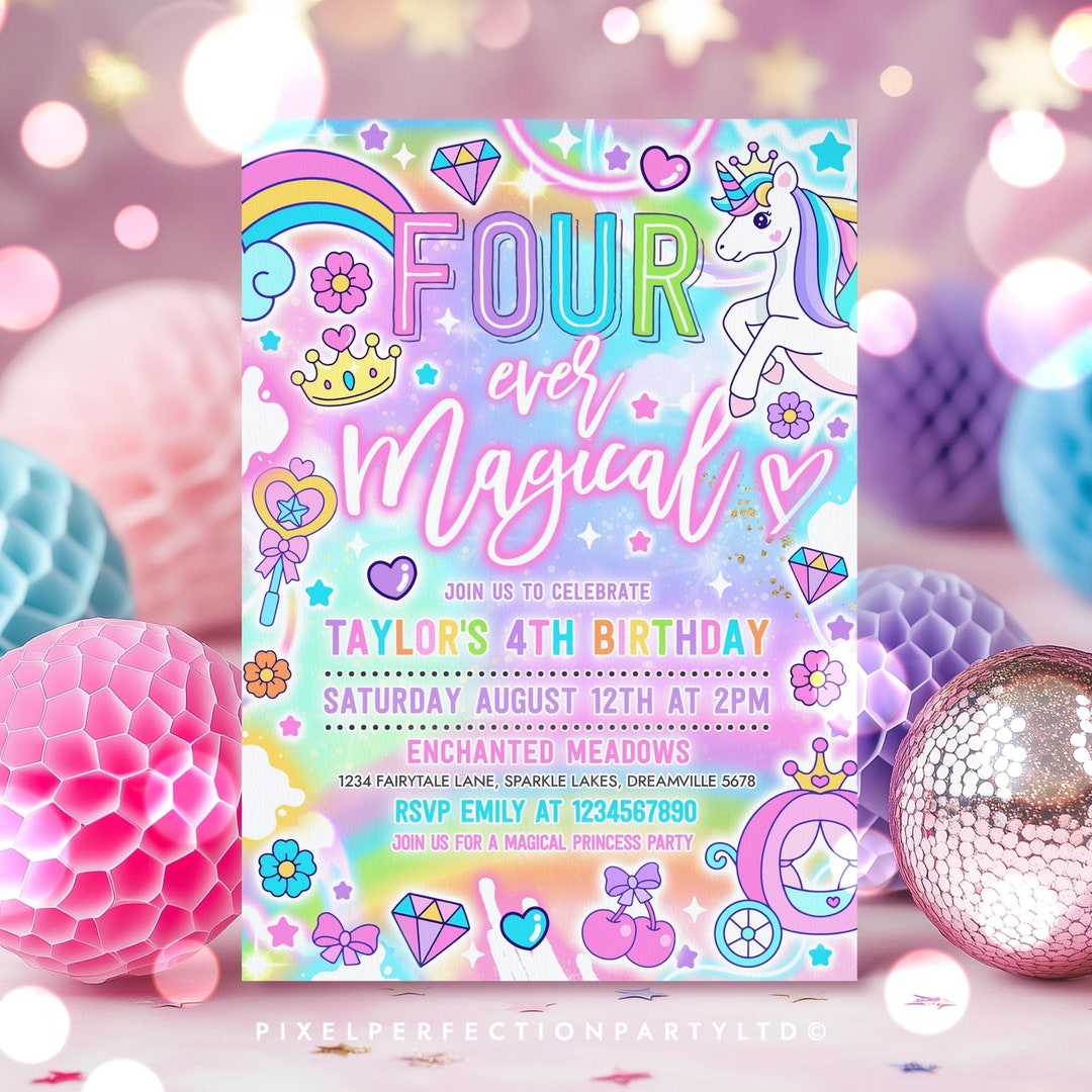 Editable Four Ever Magical Princess 4th Birthday Party Invitation Neon ...