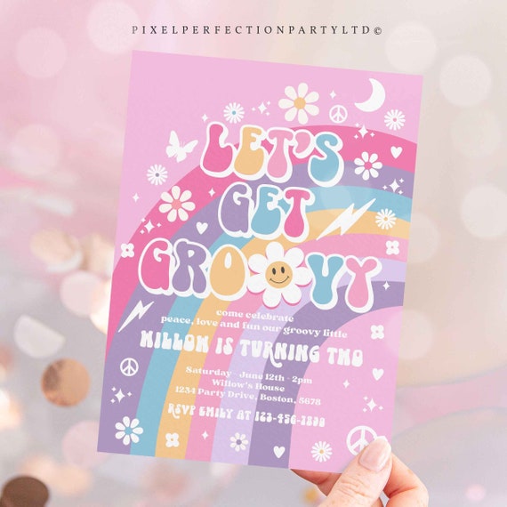Editable Let’s Get Groovy Birthday Party Invitation Peace Love Party ...