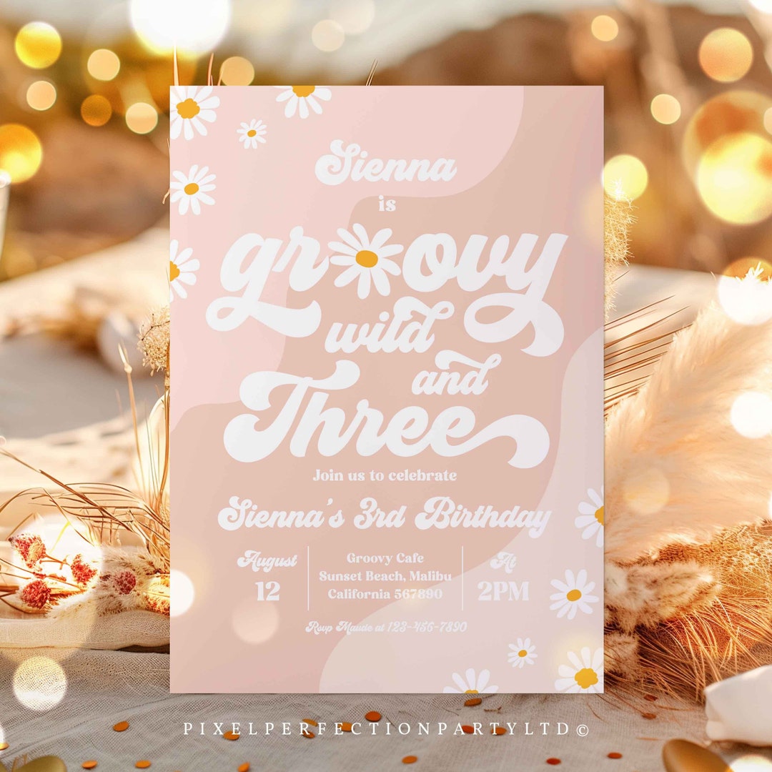 Editable Groovy Wild and Three 3rd Birthday Invitation Boho Daisy Wild ...
