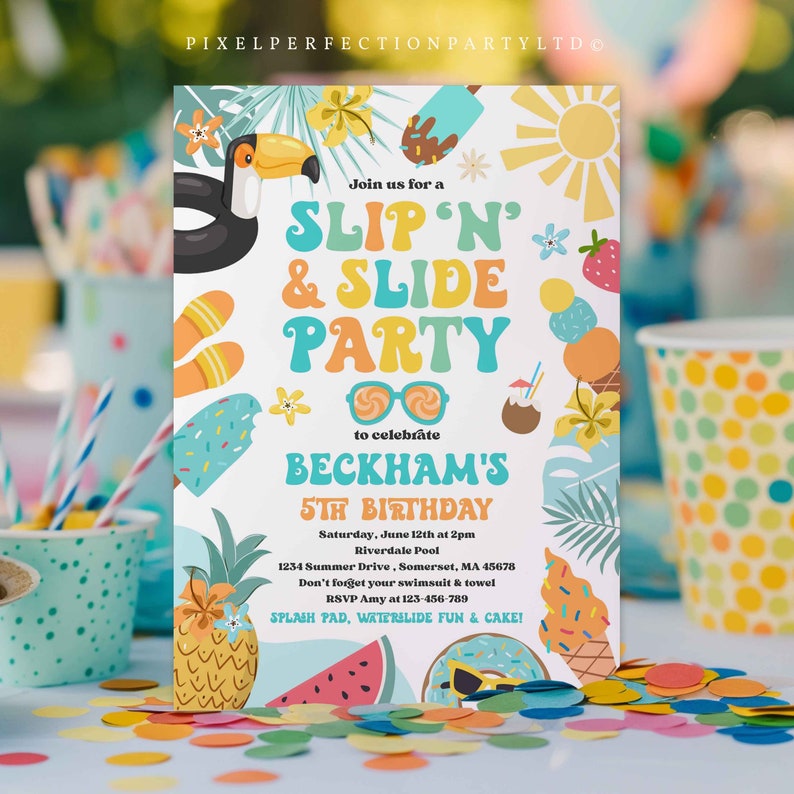 Editable Slip ’N’ Slide Birthday Party Invitation Tropical Splish ...