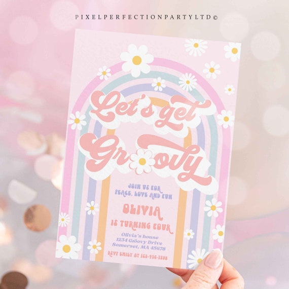Editable Let’s Get Groovy Birthday Party Invitation Peace Love Party ...
