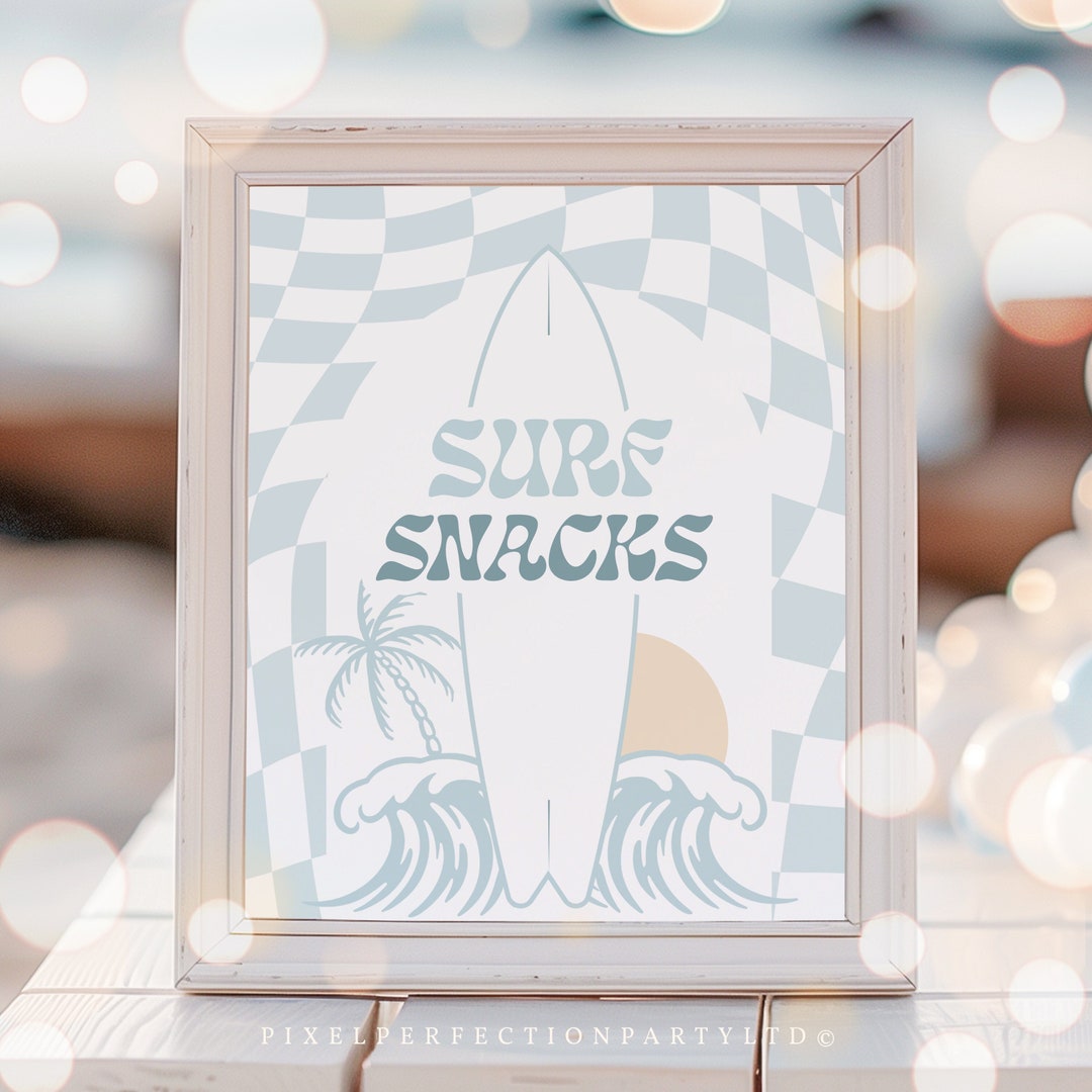 Surfing Surf Snacks Bites Sign Modern Checkered Surfboard Birthday ...
