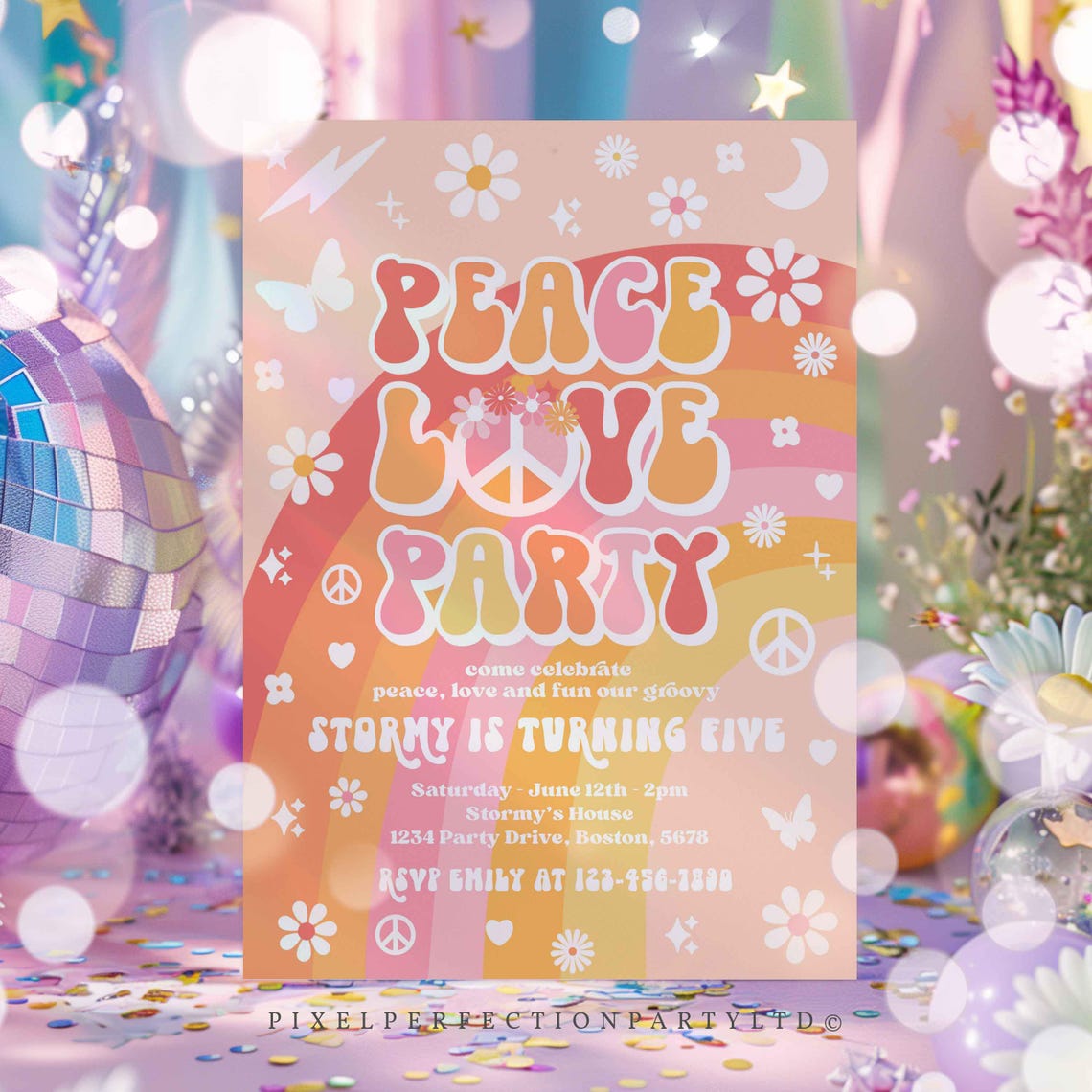 Editable Groovy Birthday Party Invitation Peace Love Party Hippie ...