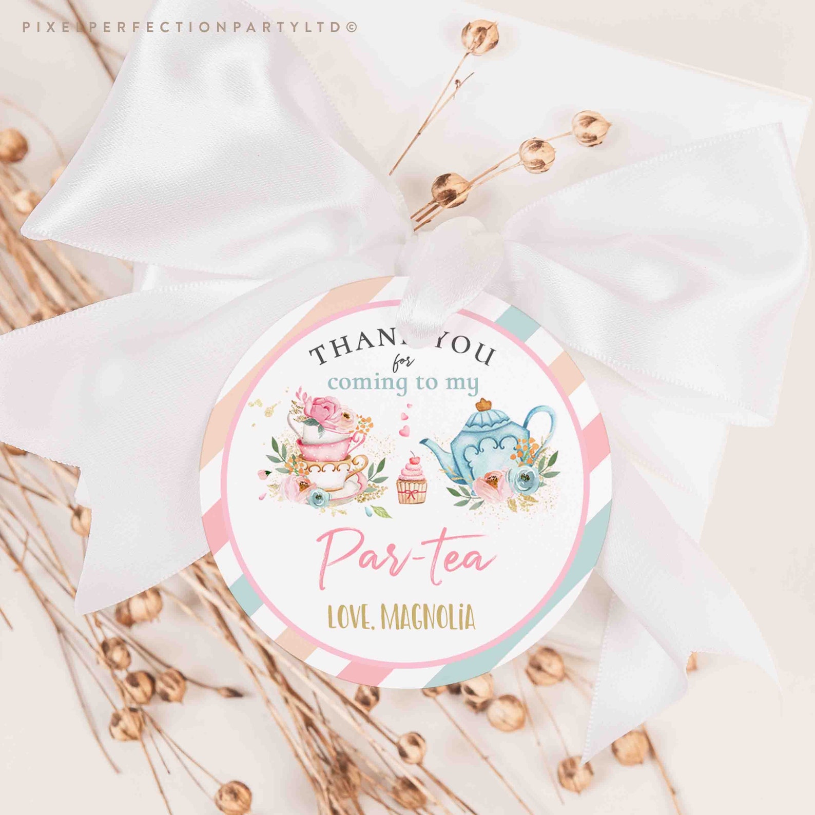 Editable Tea Party Birthday Favor Tag Pink & Gold Floral Par-tea Favor ...