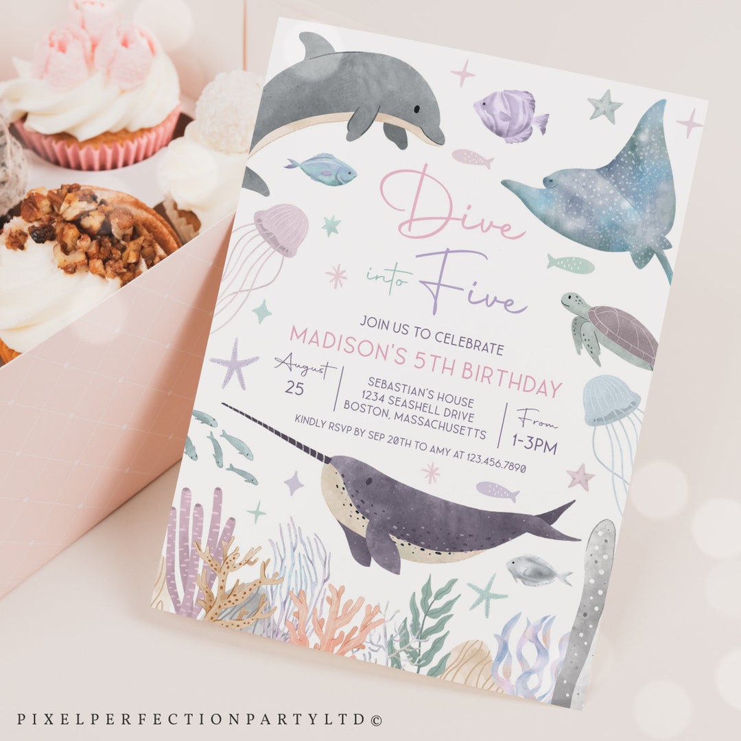 Editable Dive Into Five 5th Birthday Party Invitation Girl Whale Turtle ...
