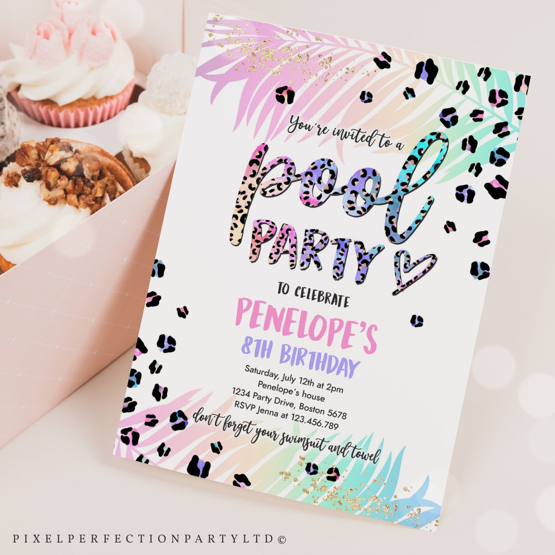 Editable Pool Party Invitation Girly Rainbow Cheetah Print - Etsy