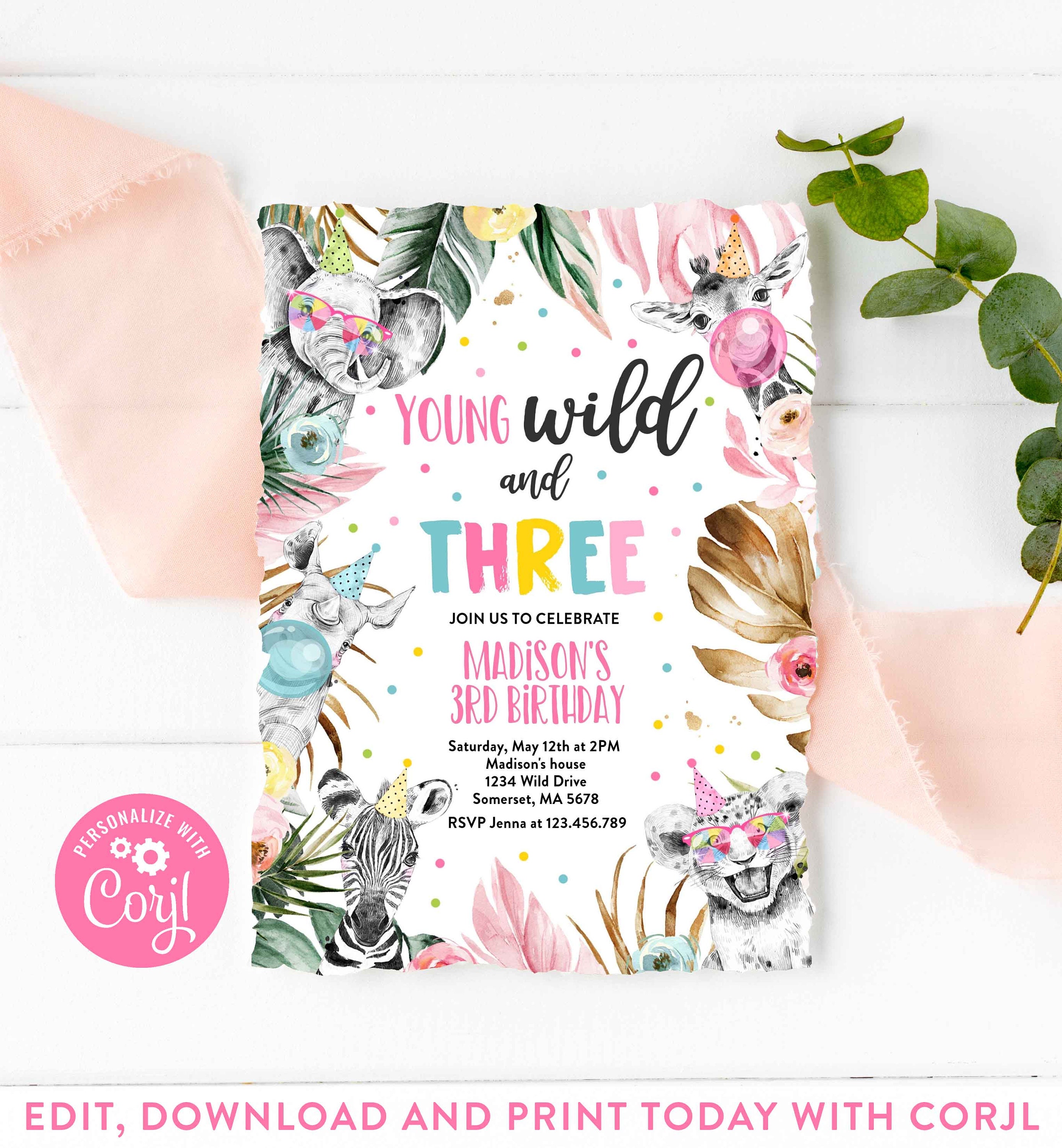 Stationery Safari Wild Animals Theme Invitation Kids Birthday Girl ...
