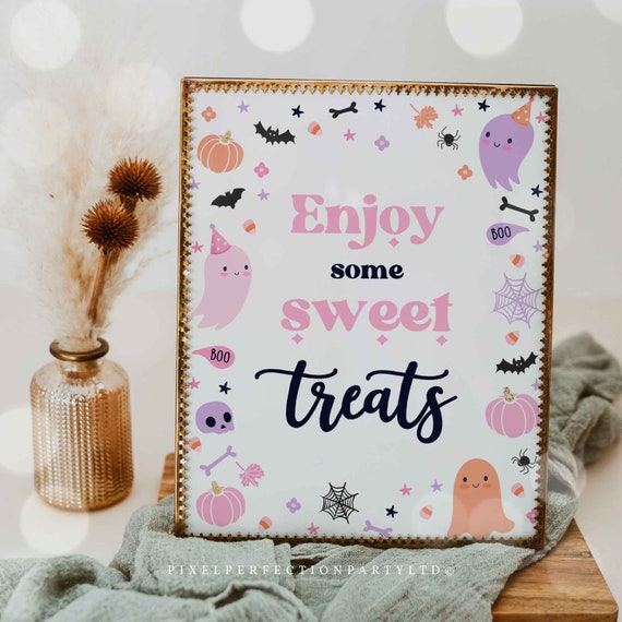 Cute Pink Halloween Ghost Party Sign Ghost Enjoy Some Sweet Treats Sign ...