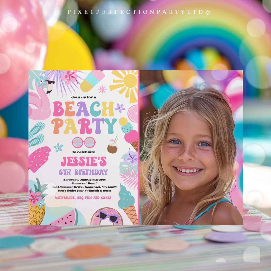Editable Beach Birthday Party Invitation Tropical Splish Splash Girly ...