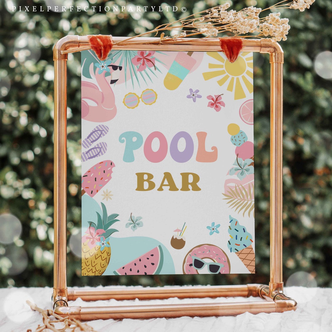 Pool Party Birthday Pool Bar Table Sign Tropical Splish Splash Girly ...