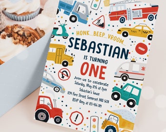 Editable Transportation Birthday Invitation Trucks Cars Diggers Tractor ...