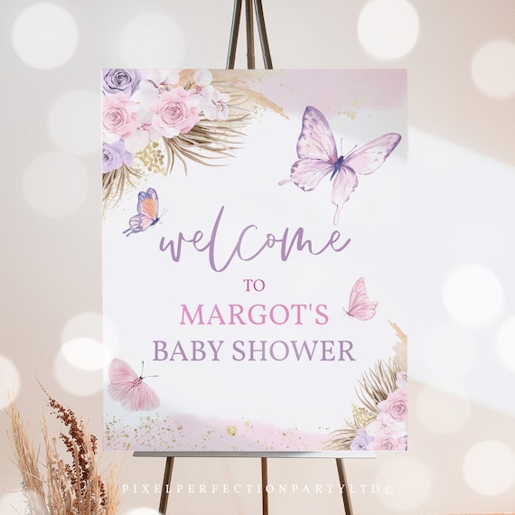Editable Boho Butterfly Baby Shower Welcome Sign Pampas Grass Purple ...