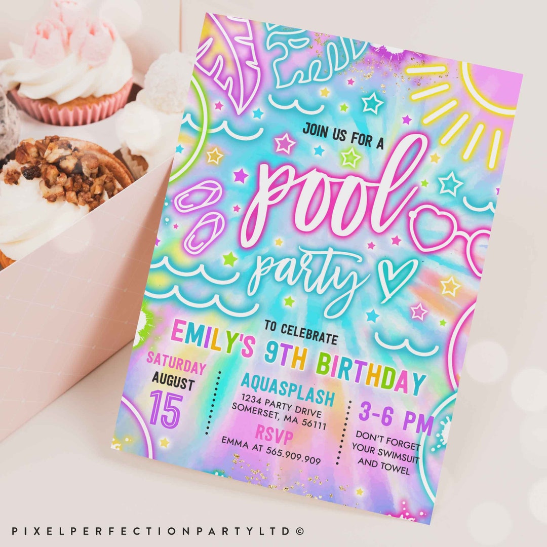 Editable Pool Party Birthday Invitation Glow Neon Tie Dye Summer ...