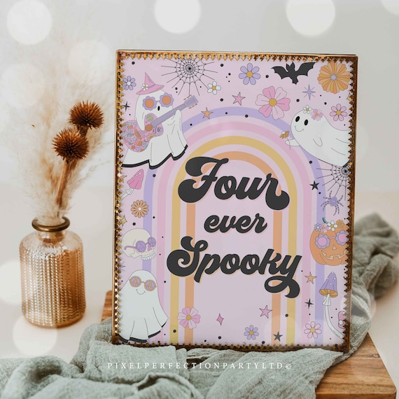Halloween Ghost Birthday Party Four Ever Spooky Sign Retro Groovy ...