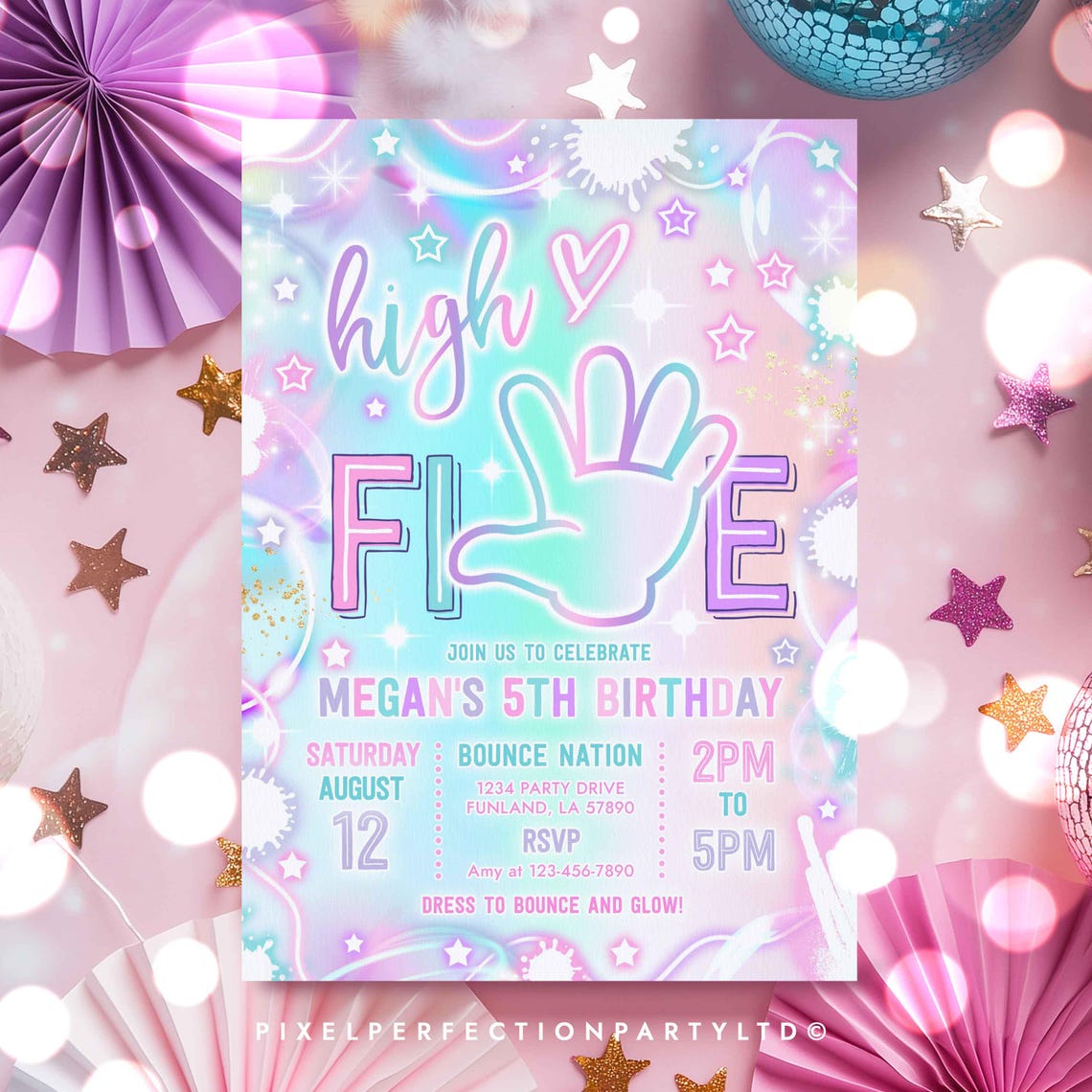 Editable High Five Birthday Party Invitation Neon Glow High Five Hi ...
