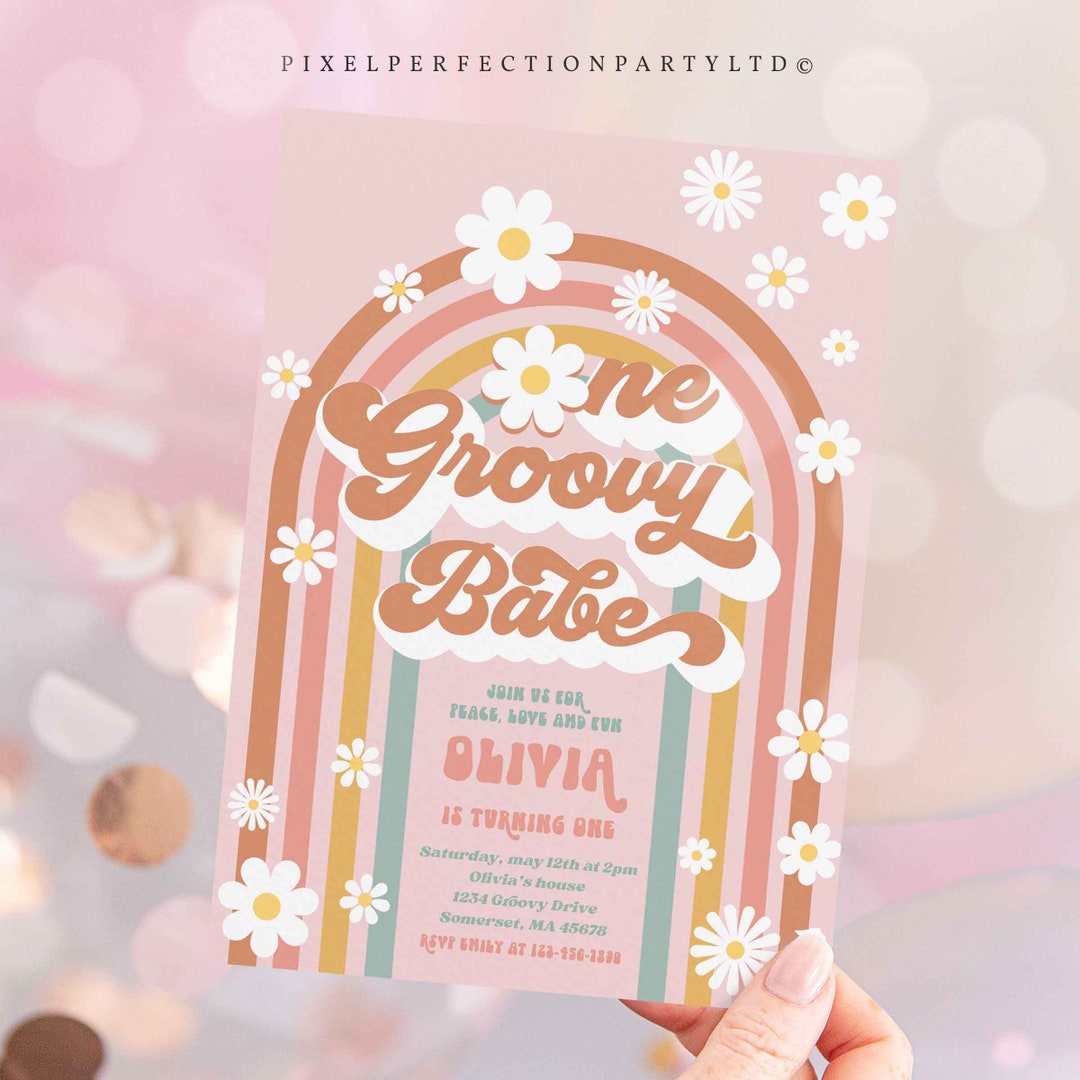 Editable One Groovy Babe Birthday Party Invitation Groovy One Birthday ...