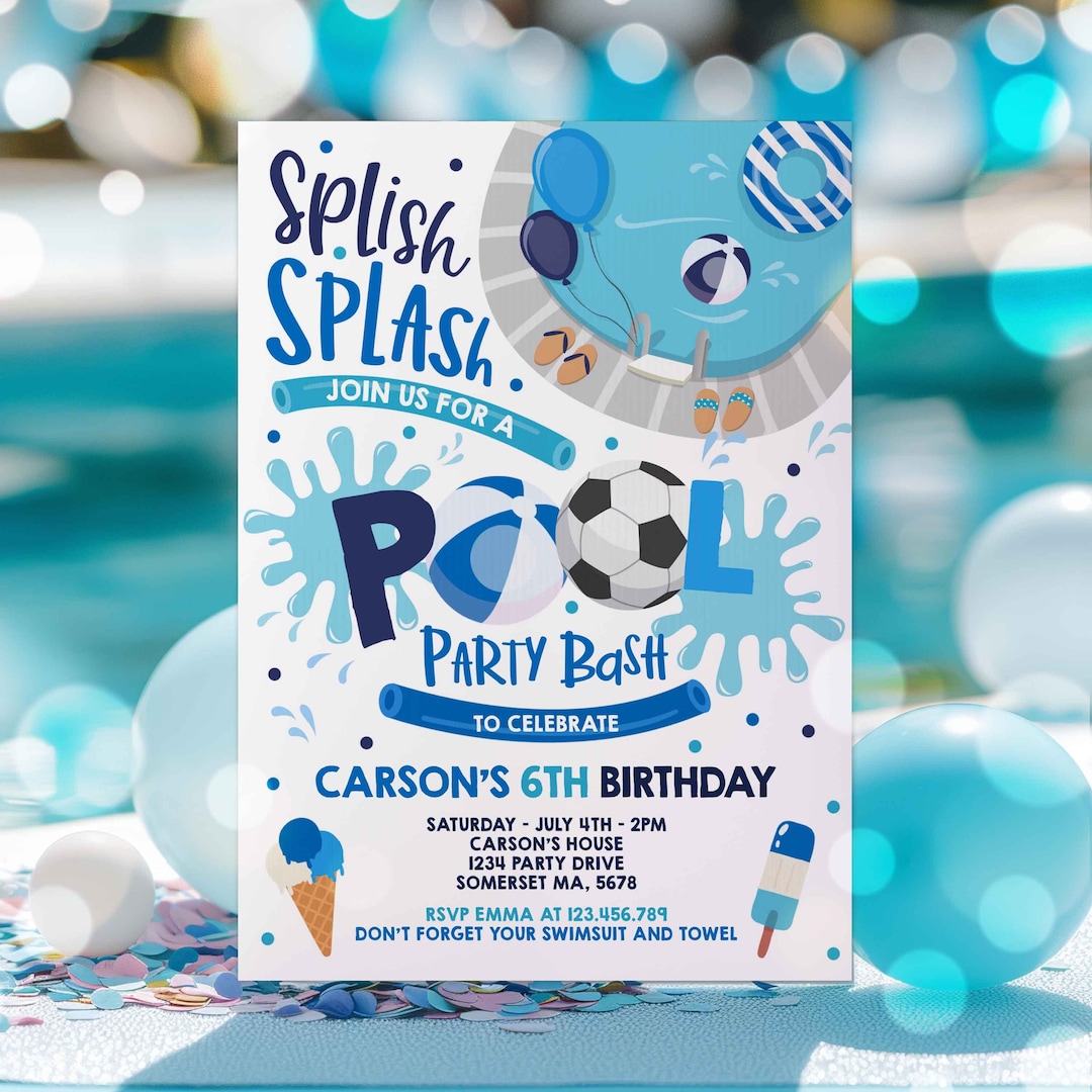 Editable Soccer Pool Party Invitation Sports Summer Pool Party Sports ...
