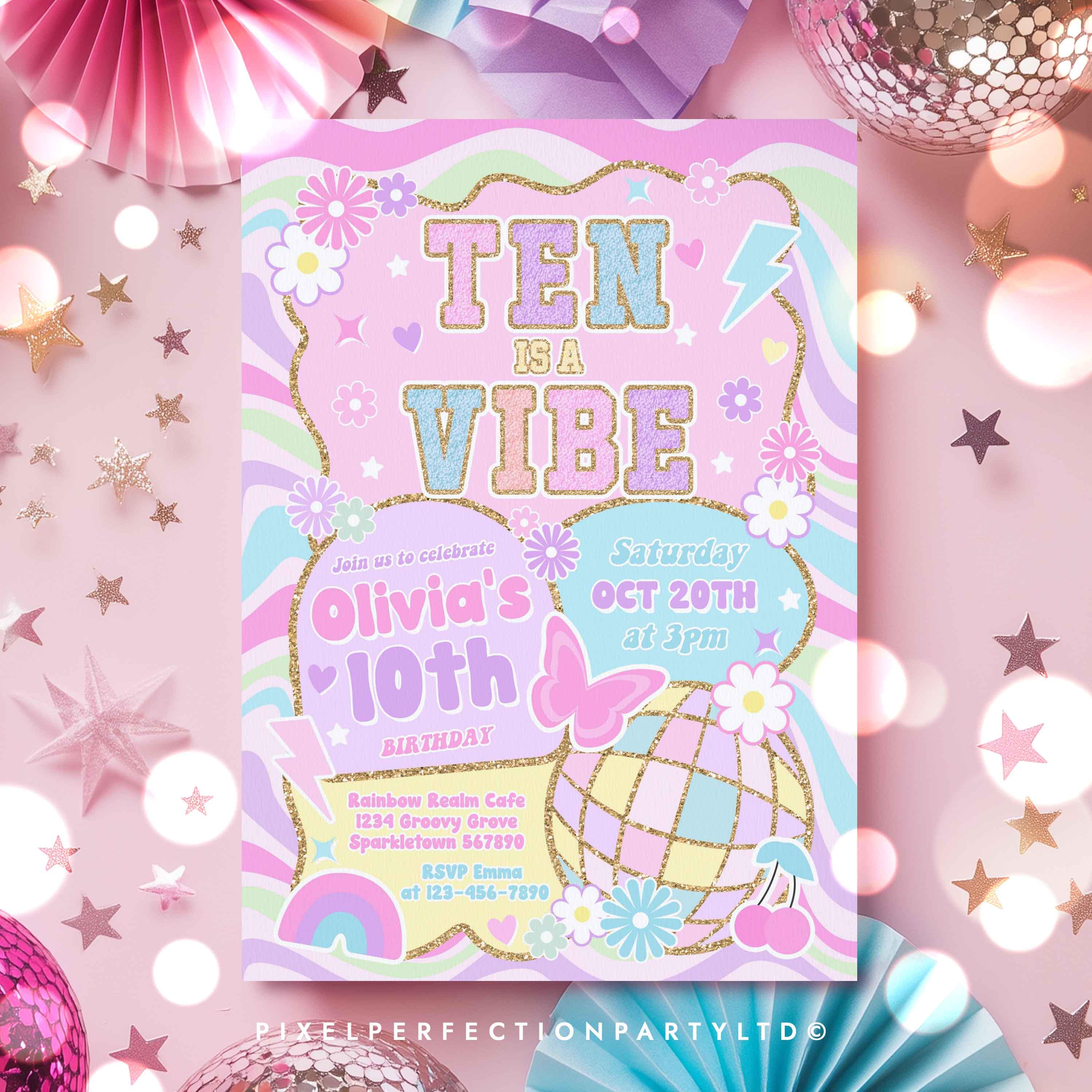 Editable Ten is A Vibe Preppy 10th Birthday Party Invitation Pink Wavy ...