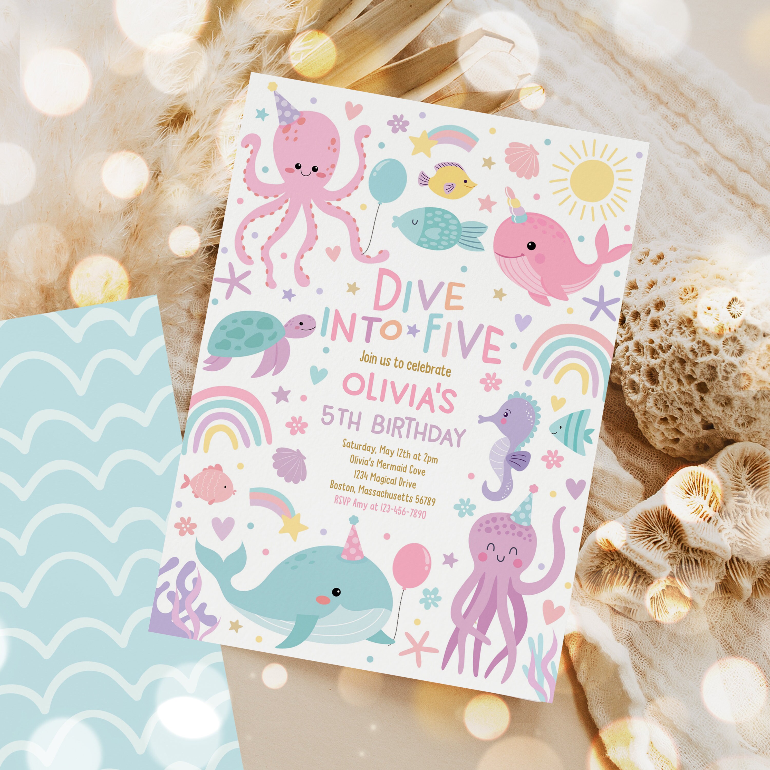 Editable Dive Into Five 5th Birthday Party Invitation Cute Sea ...