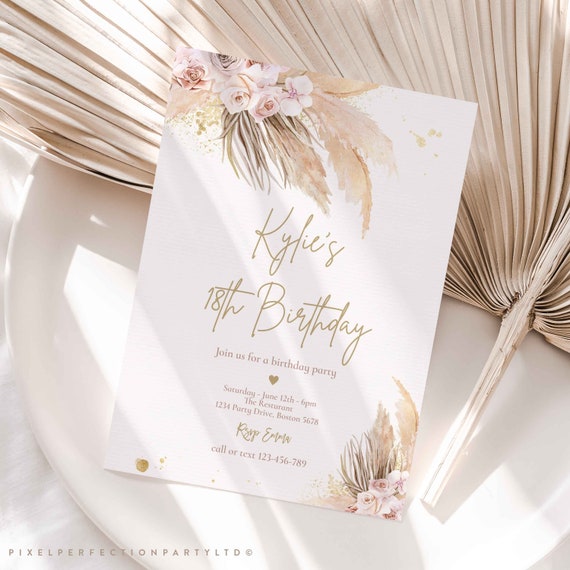 Editable Pampas Grass Birthday Party Invitation Bohemian 18th Birthday ...