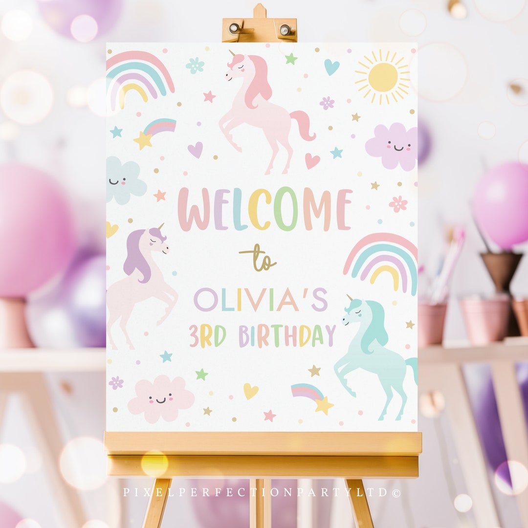 Editable Unicorn Birthday Welcome Sign Magical Pastel Rainbow Unicorn ...