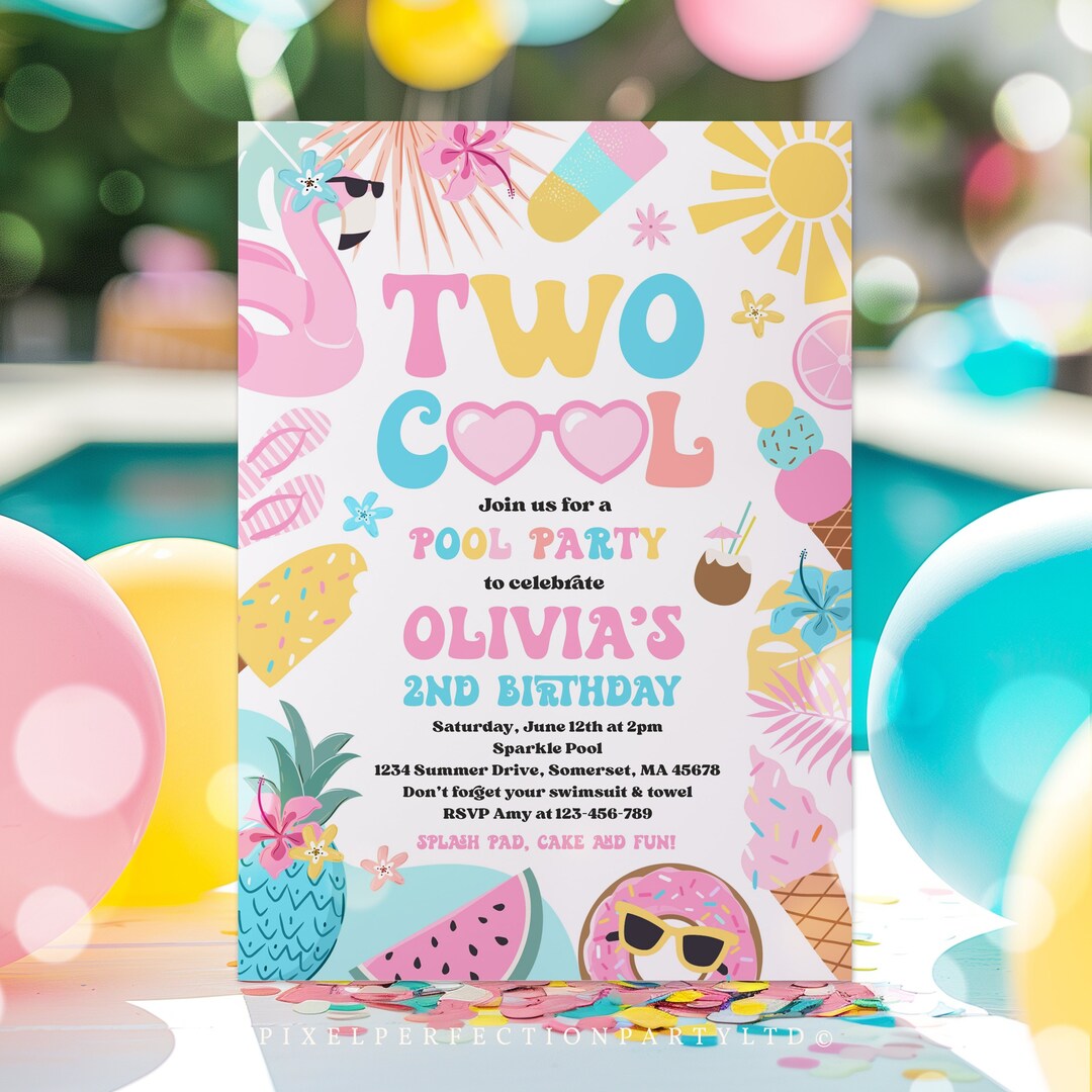 Editable Two Cool Birthday Party Invitation Tropical Splish Splash ...