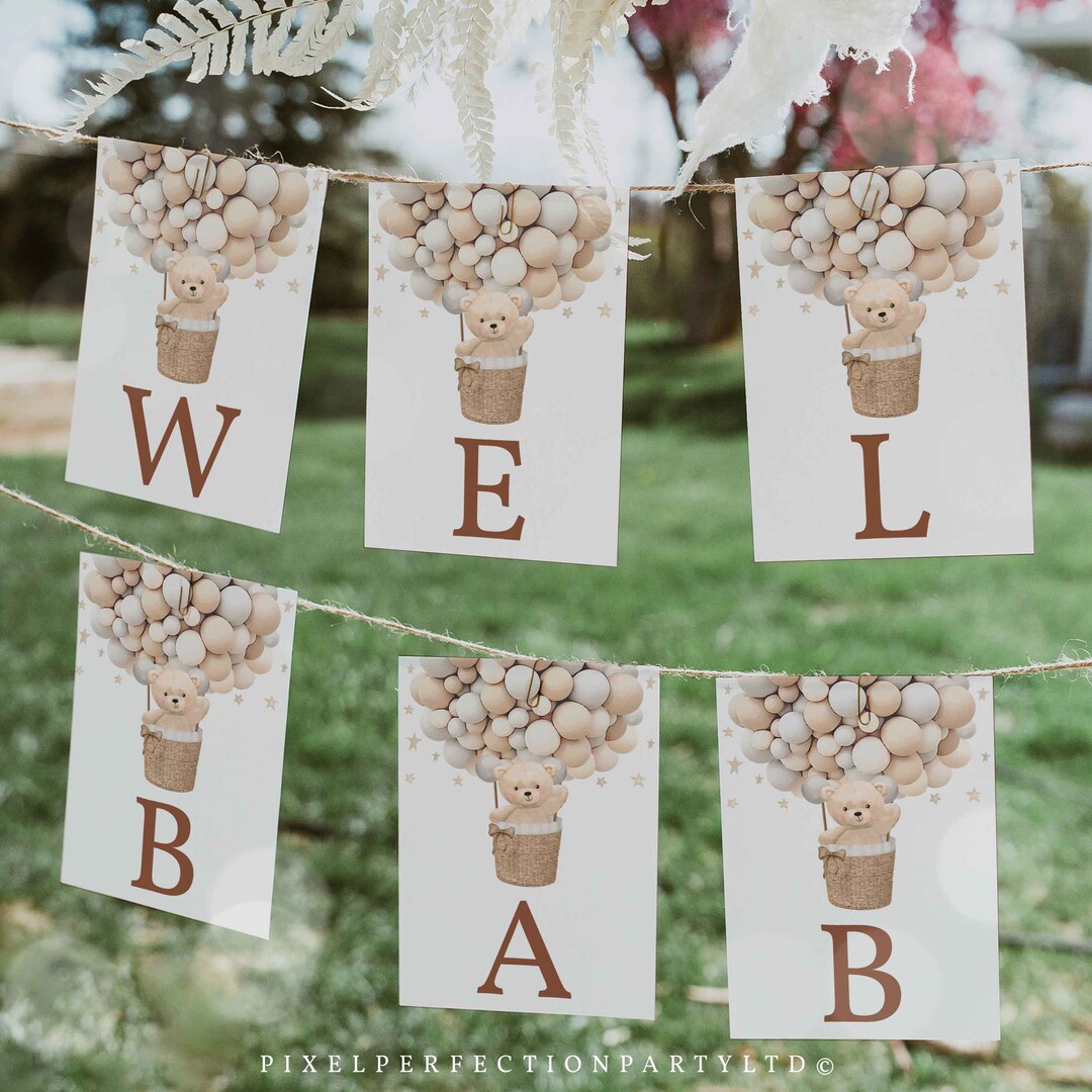 Editable Teddy Bear Hot Air Balloon Baby Shower Banner Gender Neutral ...