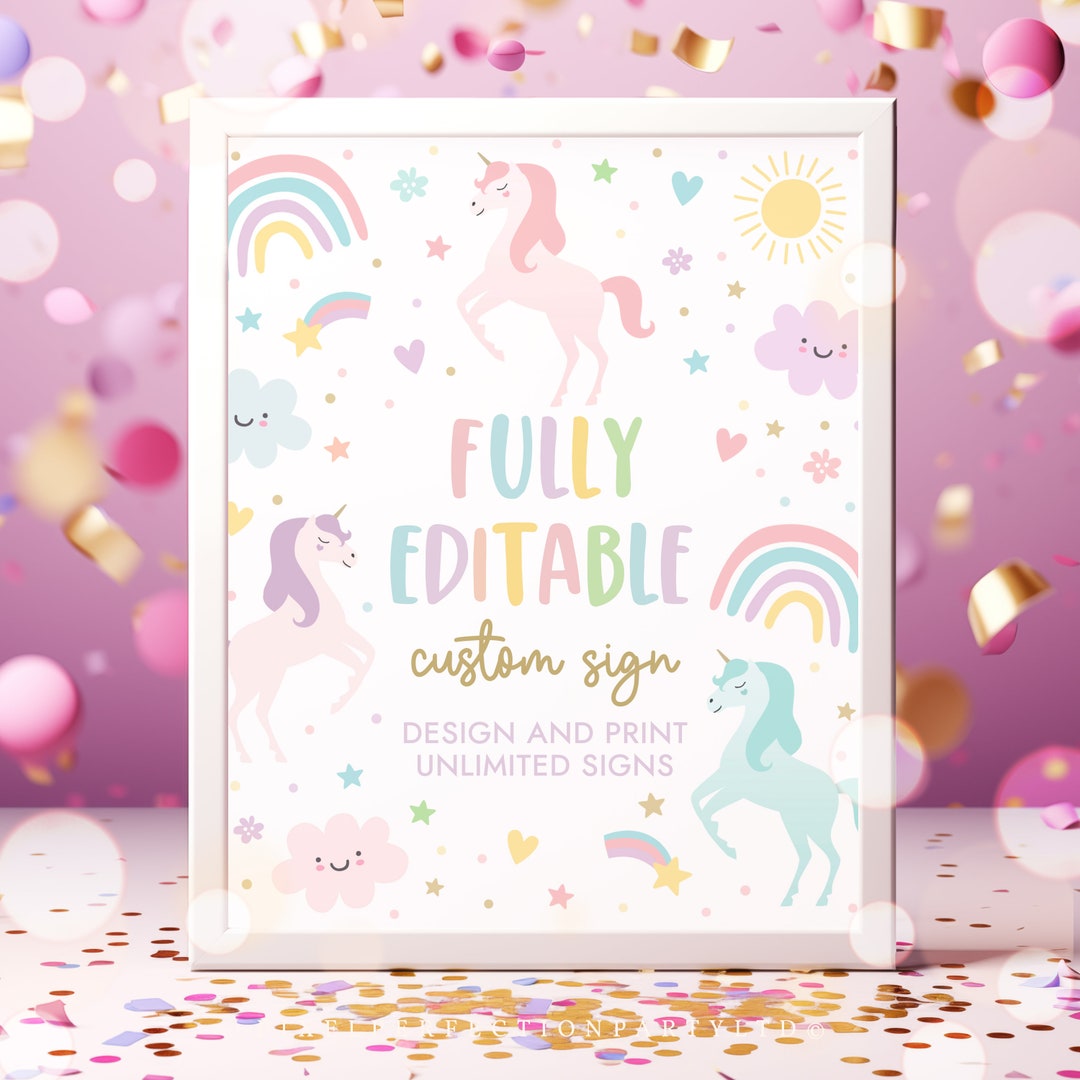 Editable Unicorn Birthday Custom Sign Magical Pastel Rainbow Unicorn ...