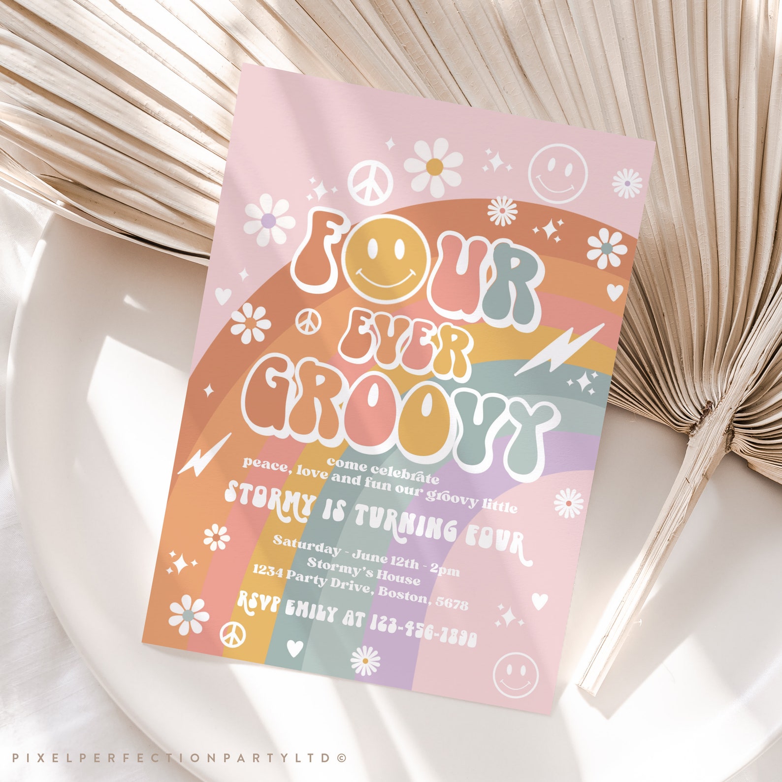 Editable Four Ever Groovy Birthday Party Invitation Peace Love | Etsy