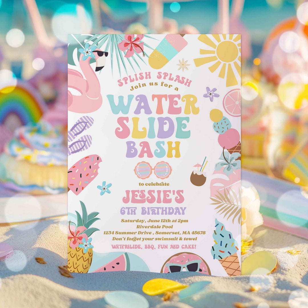 Editable Water Slide Birthday Party Invitation Tropical Splish Splash ...