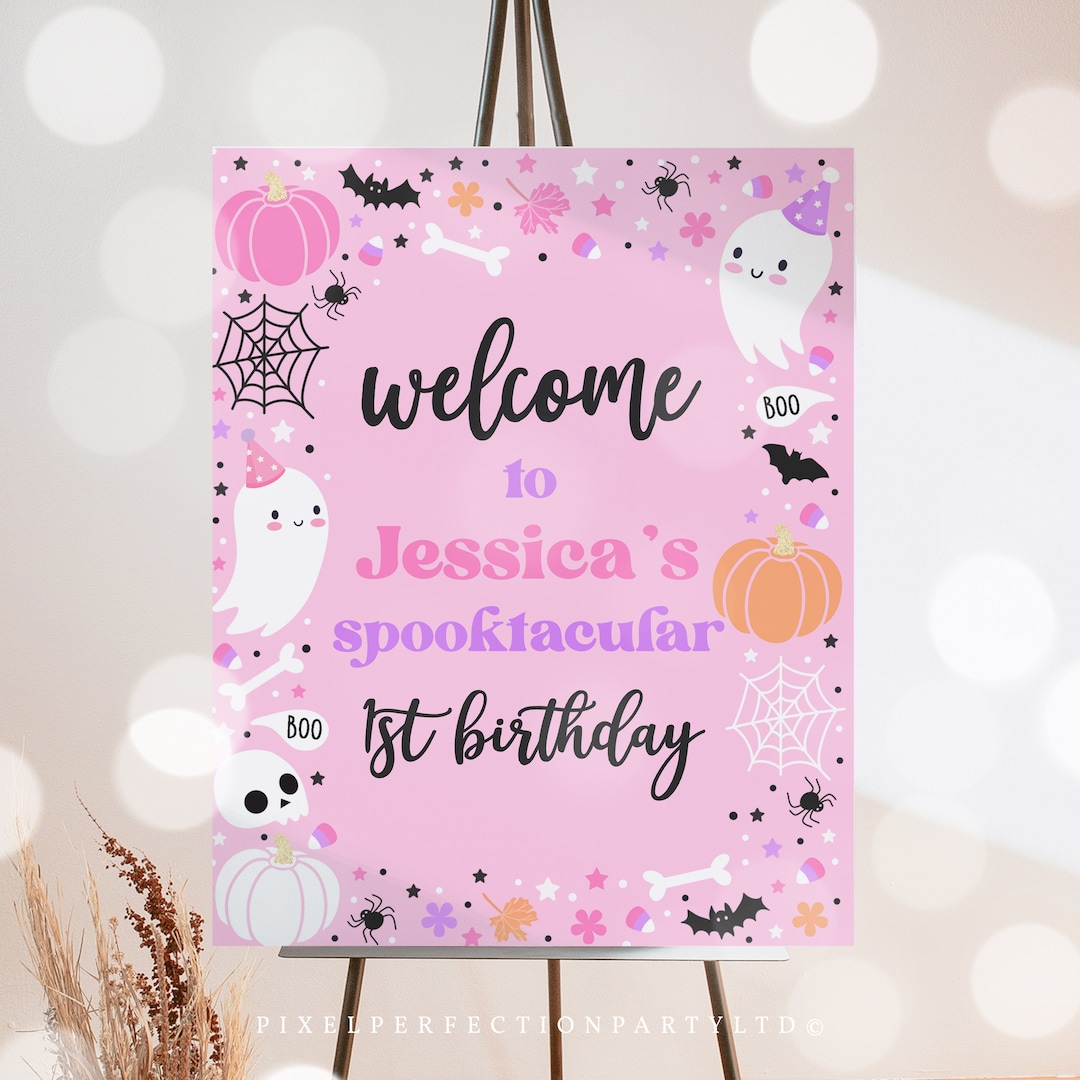 Editable Pink Halloween Ghost Welcome Sign Pink Ghost Spooky Party Sign ...