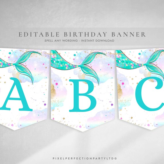 Editable Mermaid Birthday Banner Fully Editable Mermaid Party Banner ...