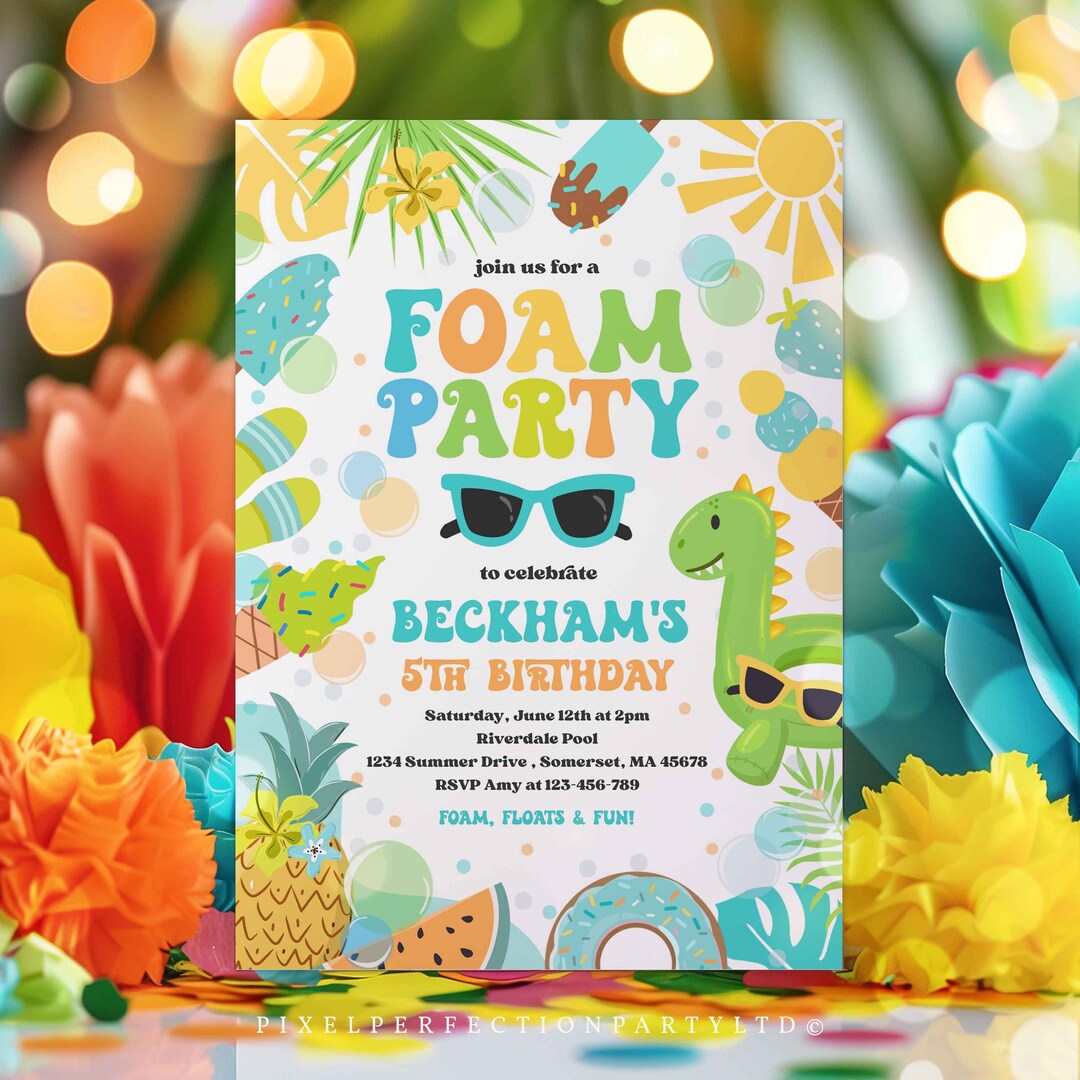Editable Foam Birthday Party Invitation Tropical Pool Foam Boy Pool ...
