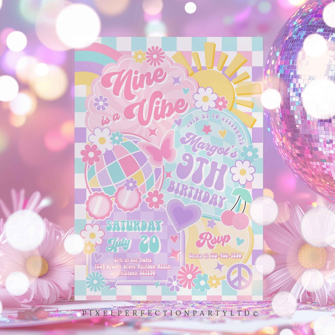 Editable Nine is A Vibe 9th Birthday Party Invitation Rainbow Sunshine ...