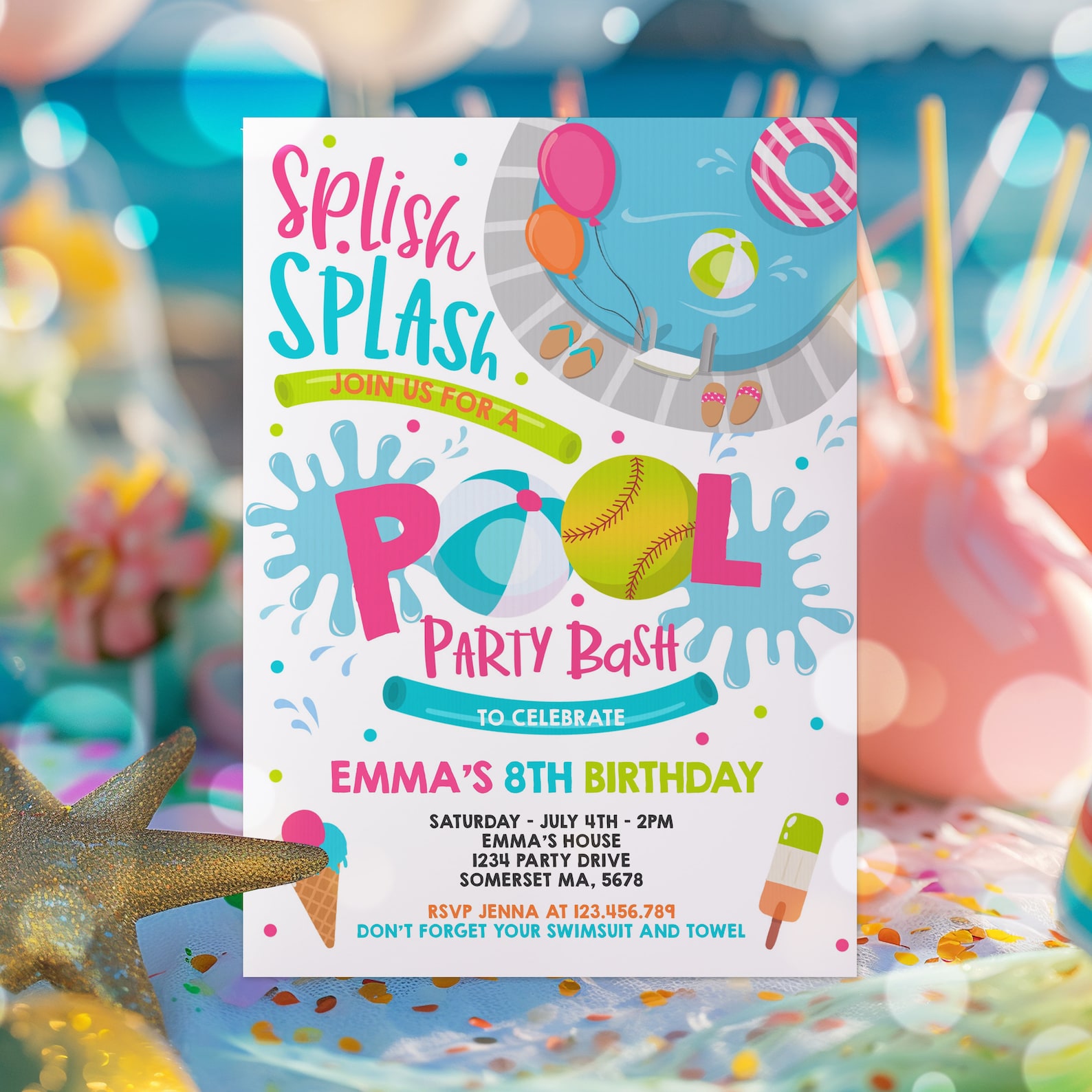 Editable Softball Pool Party Birthday Invitation Girl Summer Softball ...