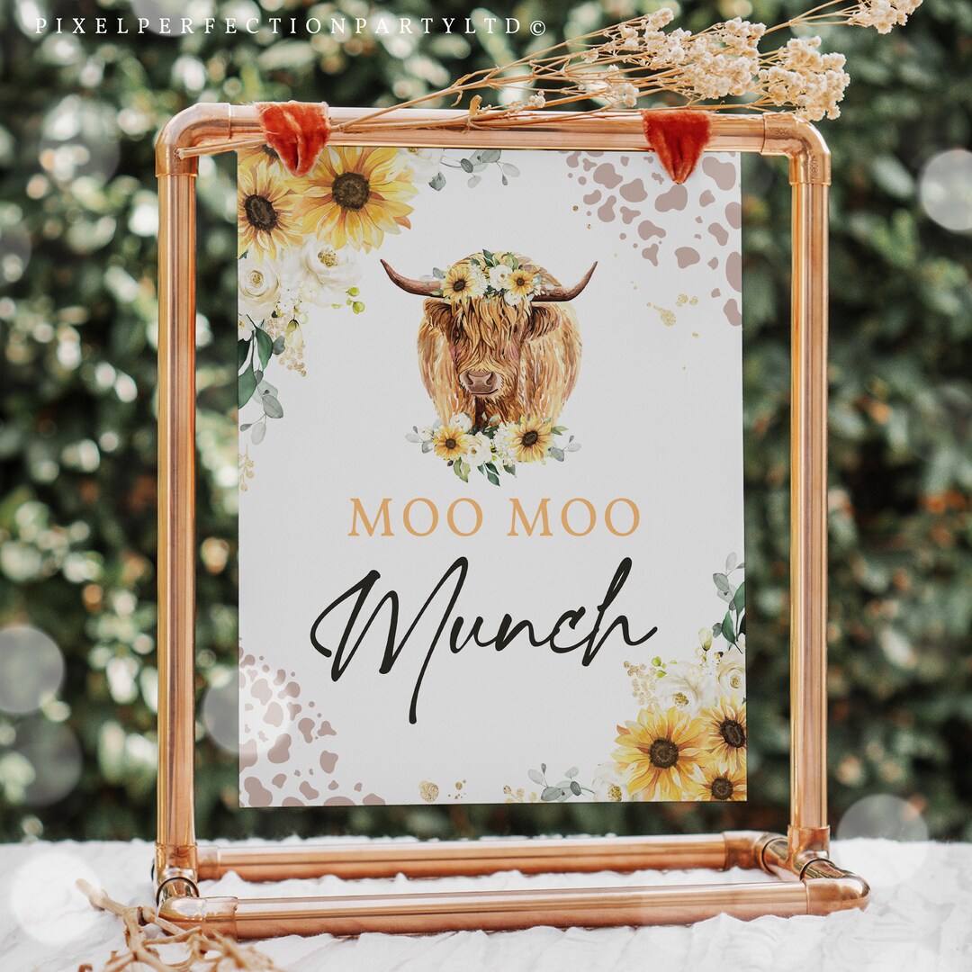 Sunflower Cow Moo Moo Munch Birthday Party Sign Summer Floral Boho Cow ...