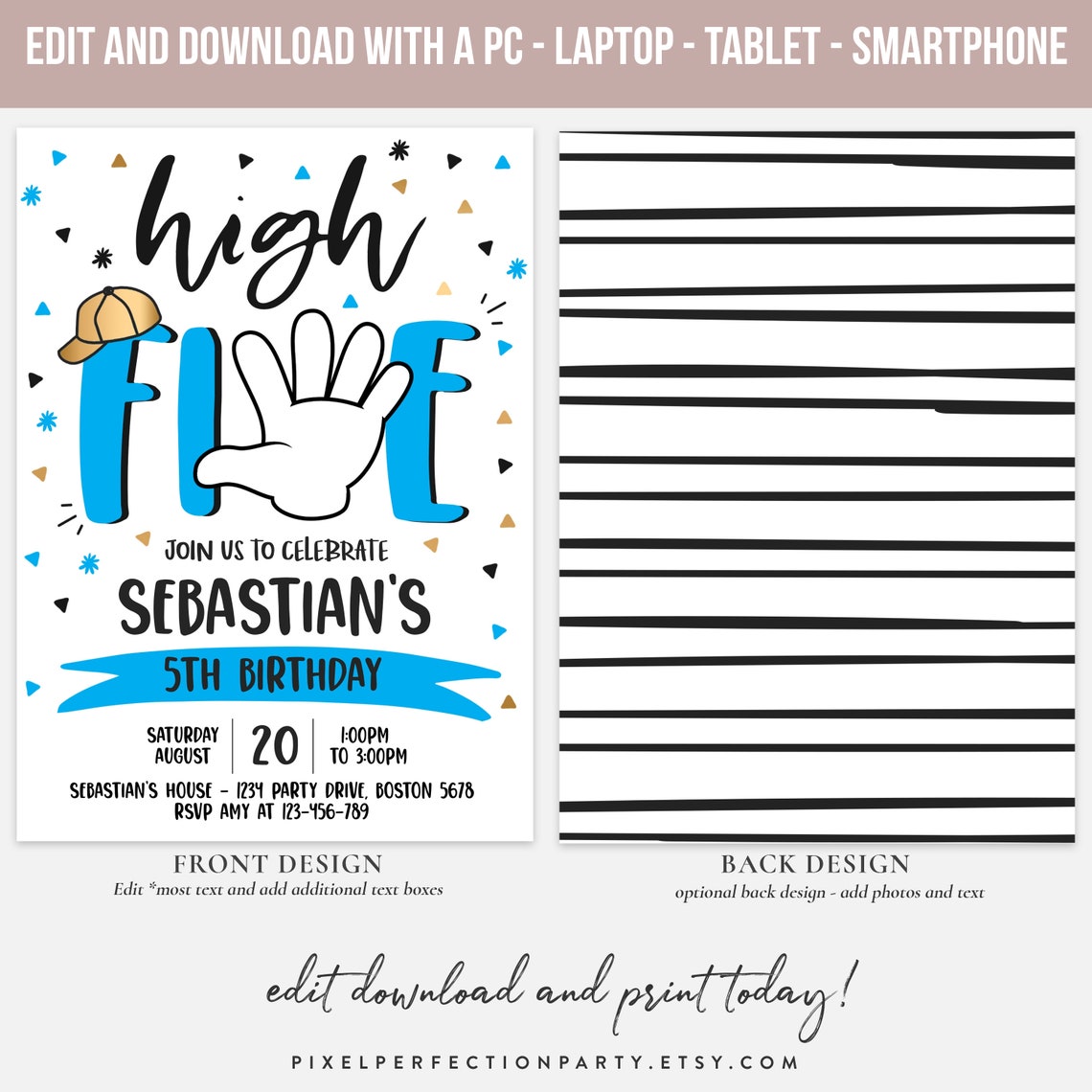 Editable High Five Birthday Party Invitation Hi Five 5th - Etsy