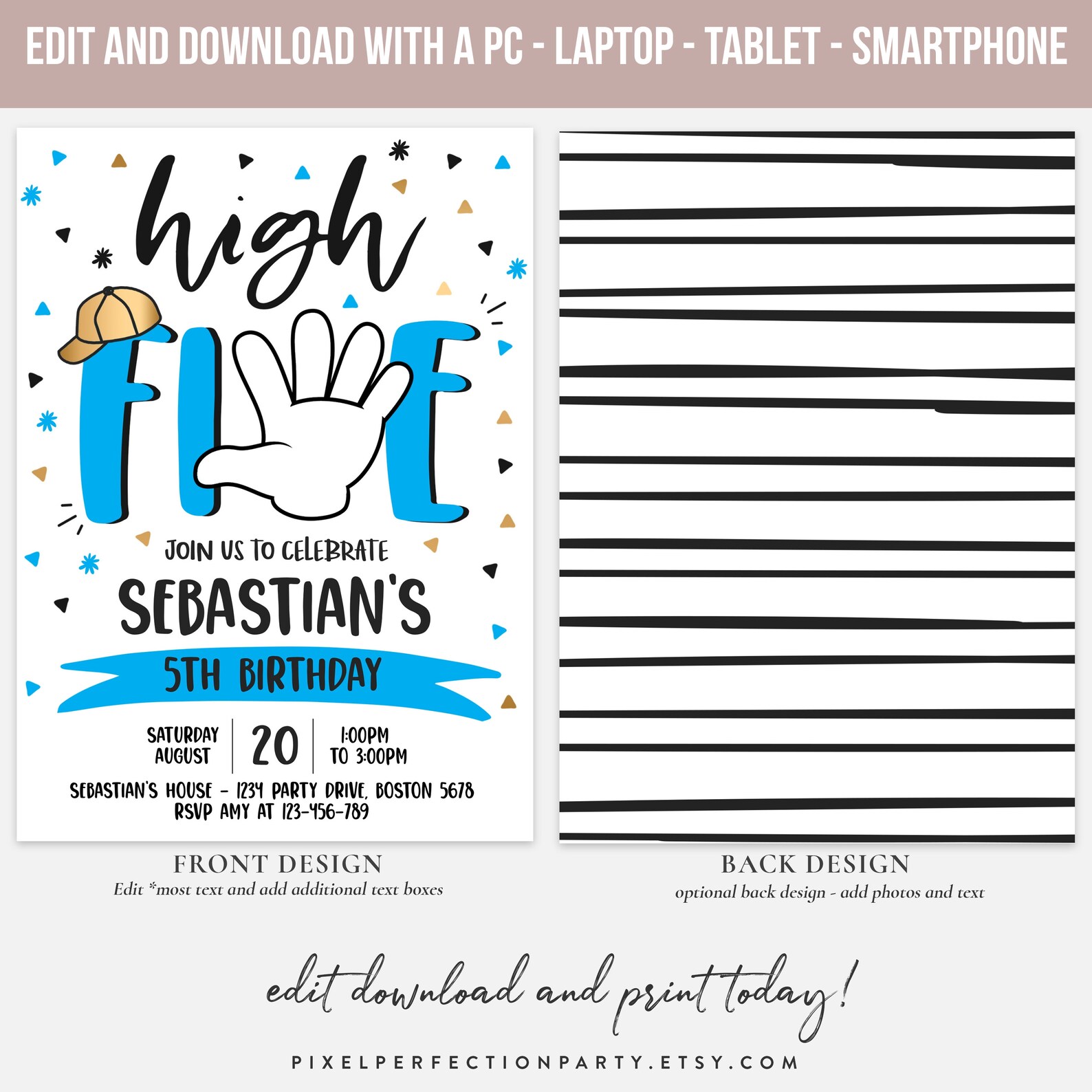 Editable High Five Birthday Party Invitation Hi Five 5th - Etsy