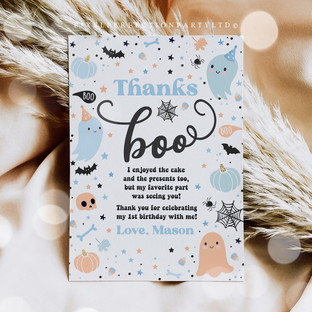 Editable Blue Halloween Ghost Birthday Party Thank You Card Ghost ...