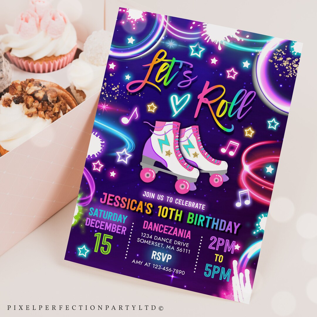 Editable Roller Skating Invitation Neon Glow Roller Skating Party ...