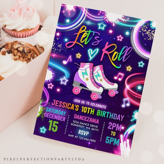 Editable Roller Skating Invitation Neon Glow Roller Skating Party ...