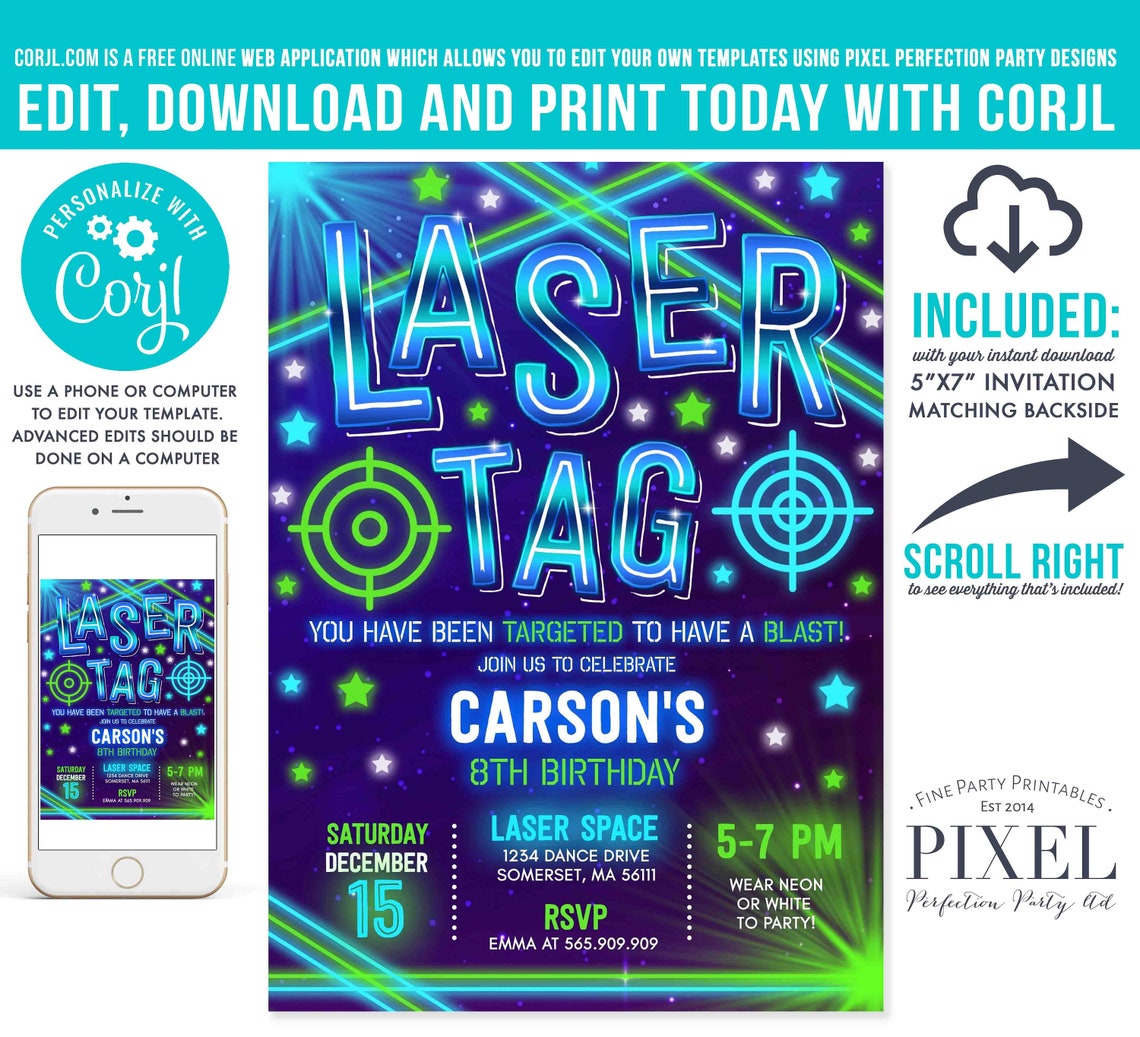 Editable Laser Tag Invitation Neon Laser Tag Birthday | Etsy