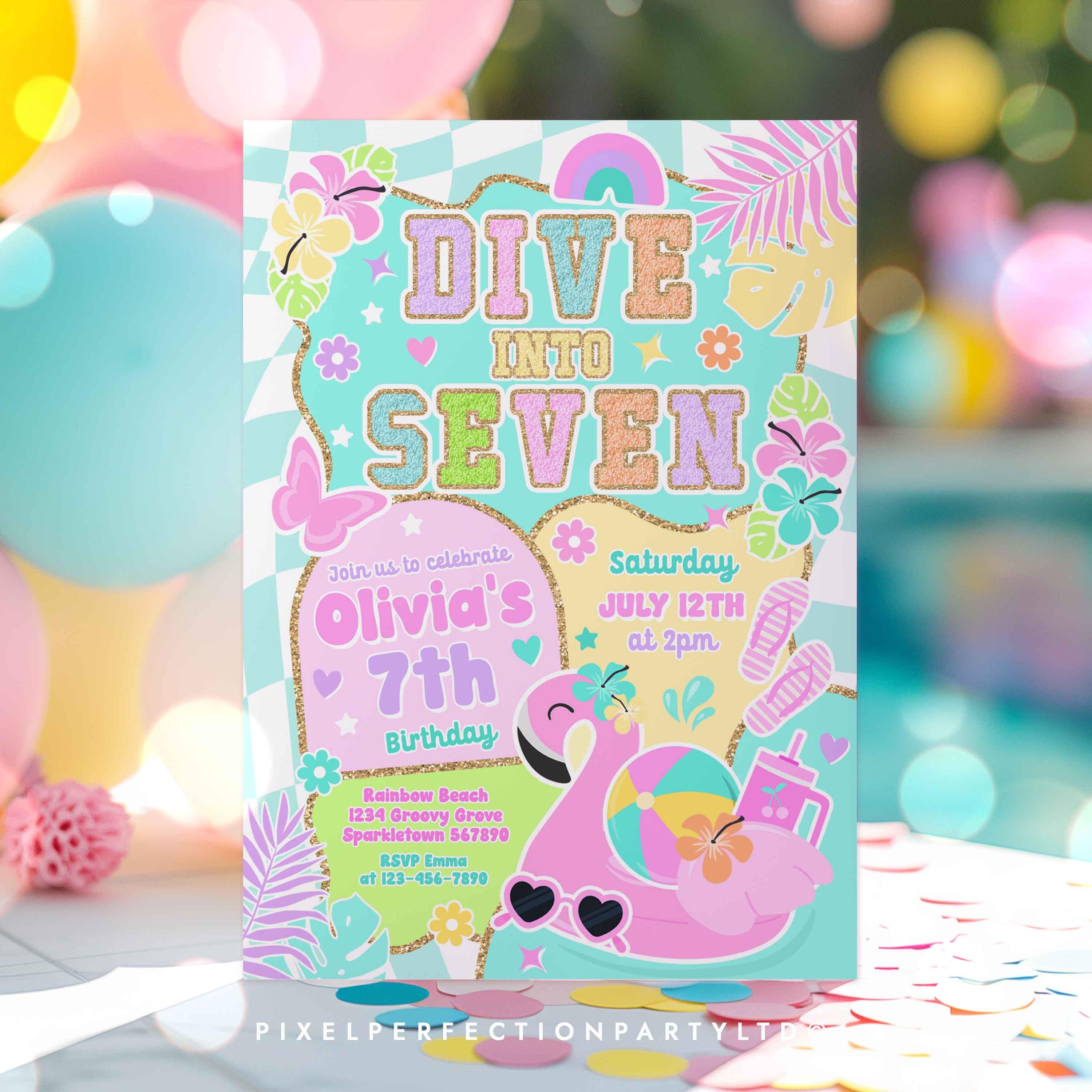 Editable Preppy 7th Birthday Pool Party Invitation Varsity Girl Fashion ...