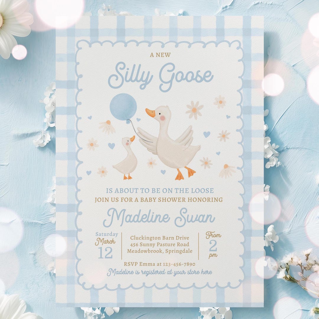 Editable Silly Goose Baby Shower Invitation Boy Blue Goose Baby Shower ...
